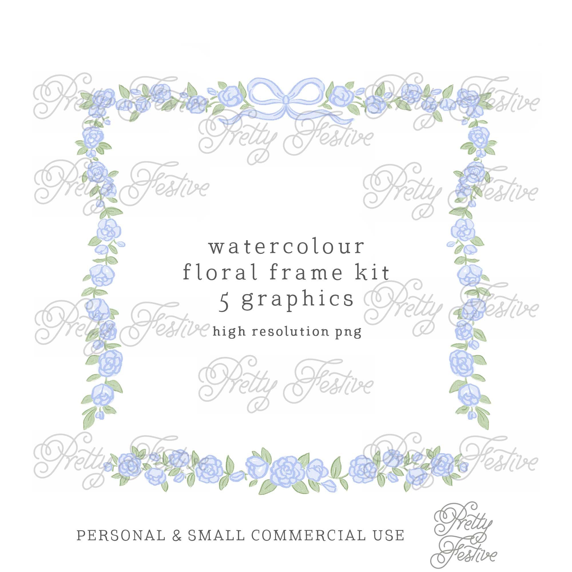 5 Watercolor Clipart Blue Floral Border & Frames Set, Preppy Ribbon Bow ...