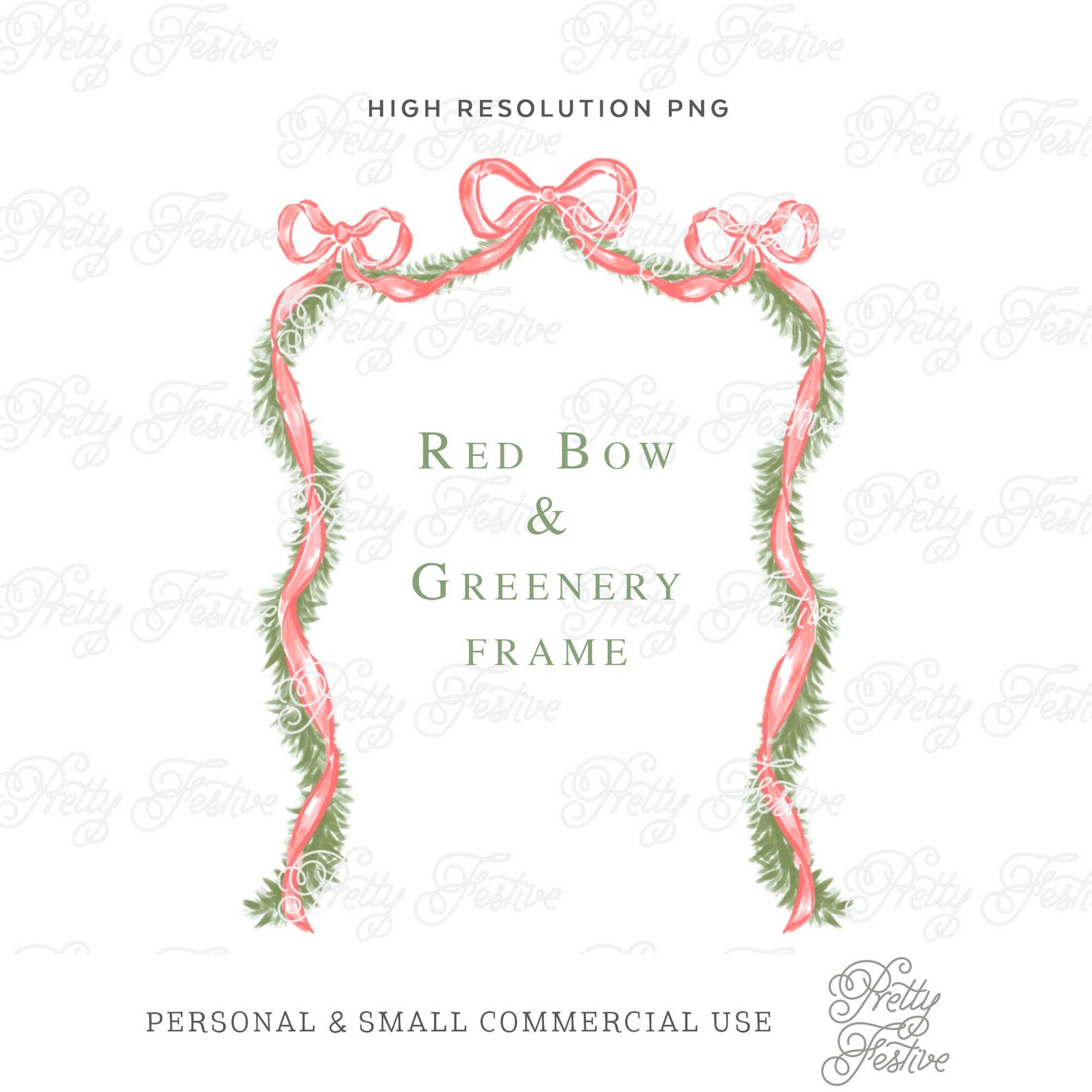 Red Christmas Bows & Fir Swags Ribbon, Grandmilennial Border Clipart ...