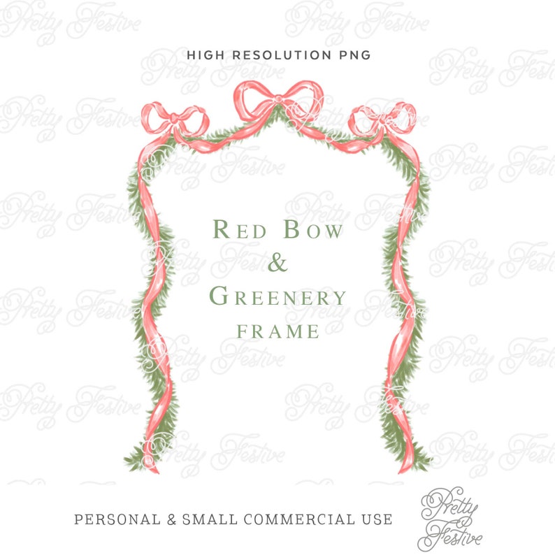 Red Christmas Bows & Fir Swags Ribbon, Grandmilennial Border Clipart ...