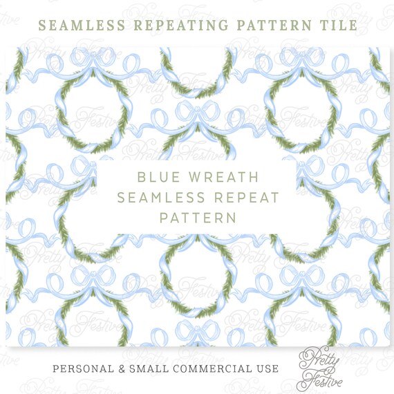 Christmas Blue Ribbon Wreath Seamless Repeating Pattern - Etsy