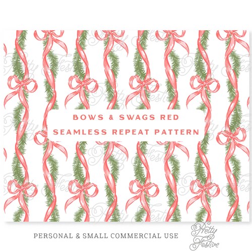 Red Christmas Bows & Fir Swags Ribbon Grandmilennial Border - Etsy