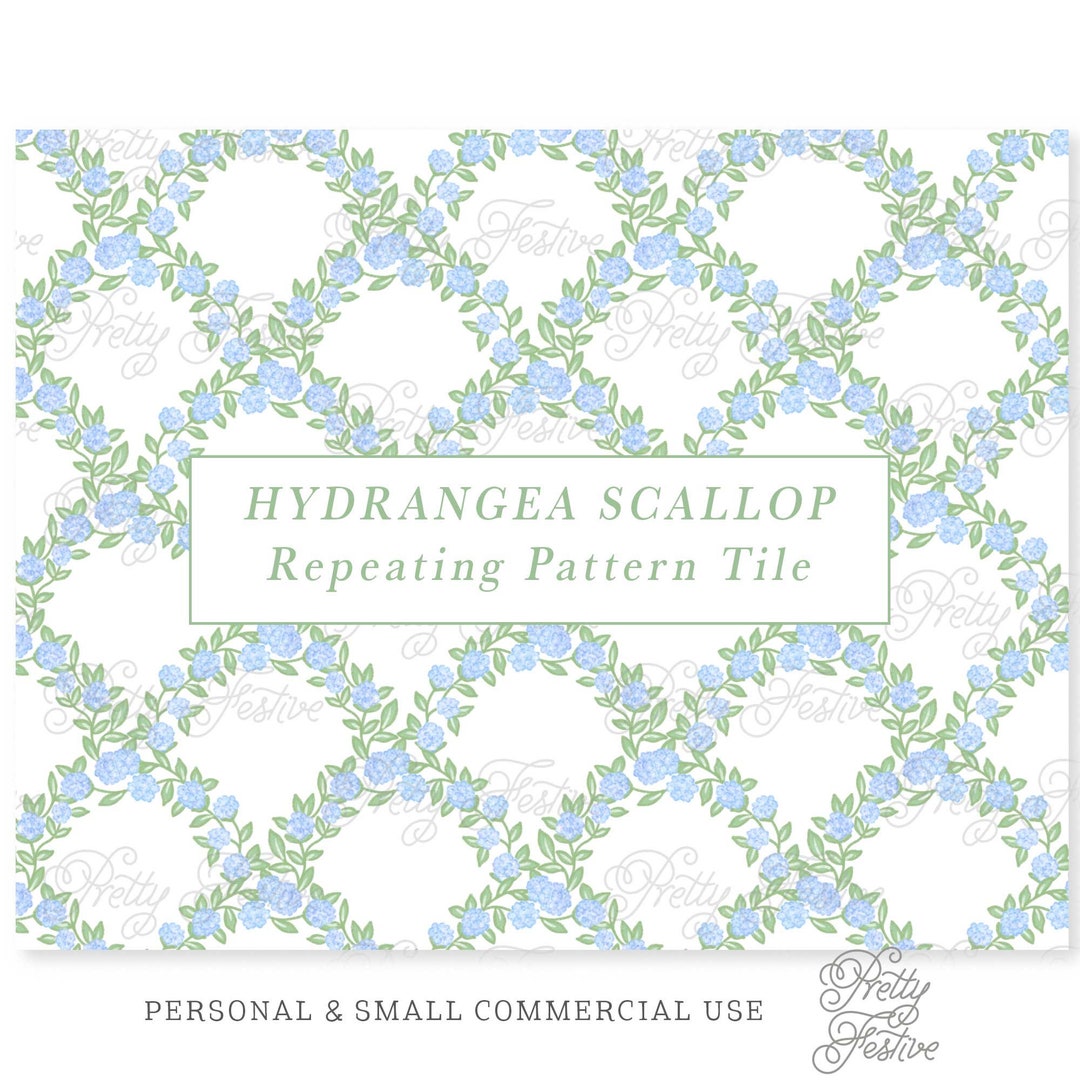 Hydrangea Trellis Scalloped Seamless Pattern Tile, Blue Floral Scallop ...