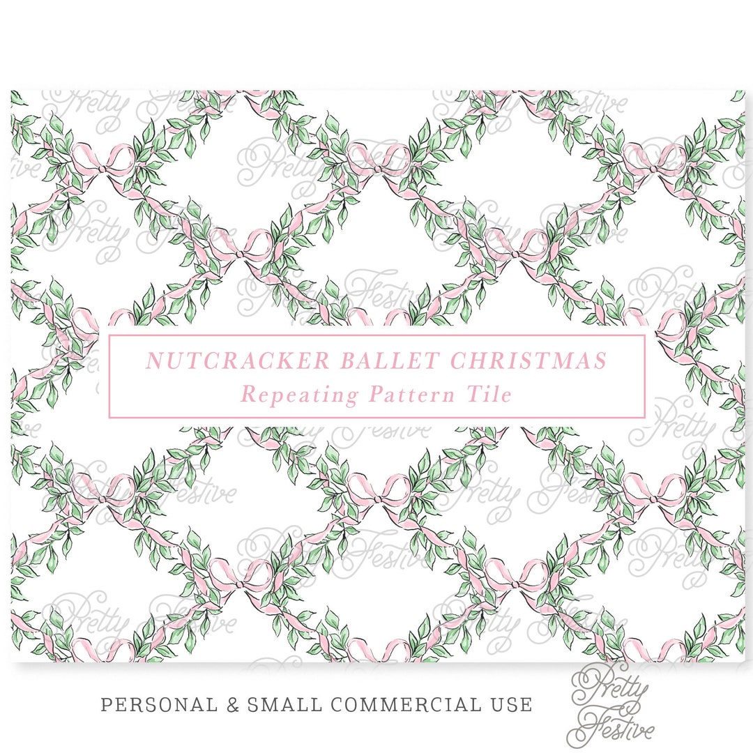 Ballet Pink Bow & Ribbon Greenery Trellis Seamless Repeating Pattern ...