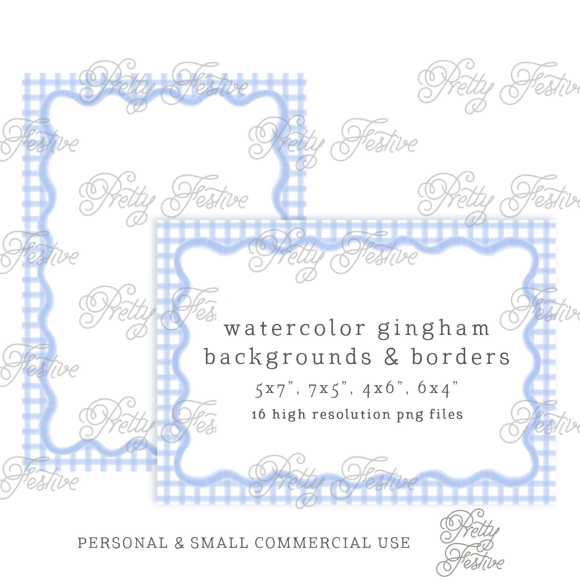 5x7" Printable Blue Gingham Watercolor Border Card Template, 6x4 ...