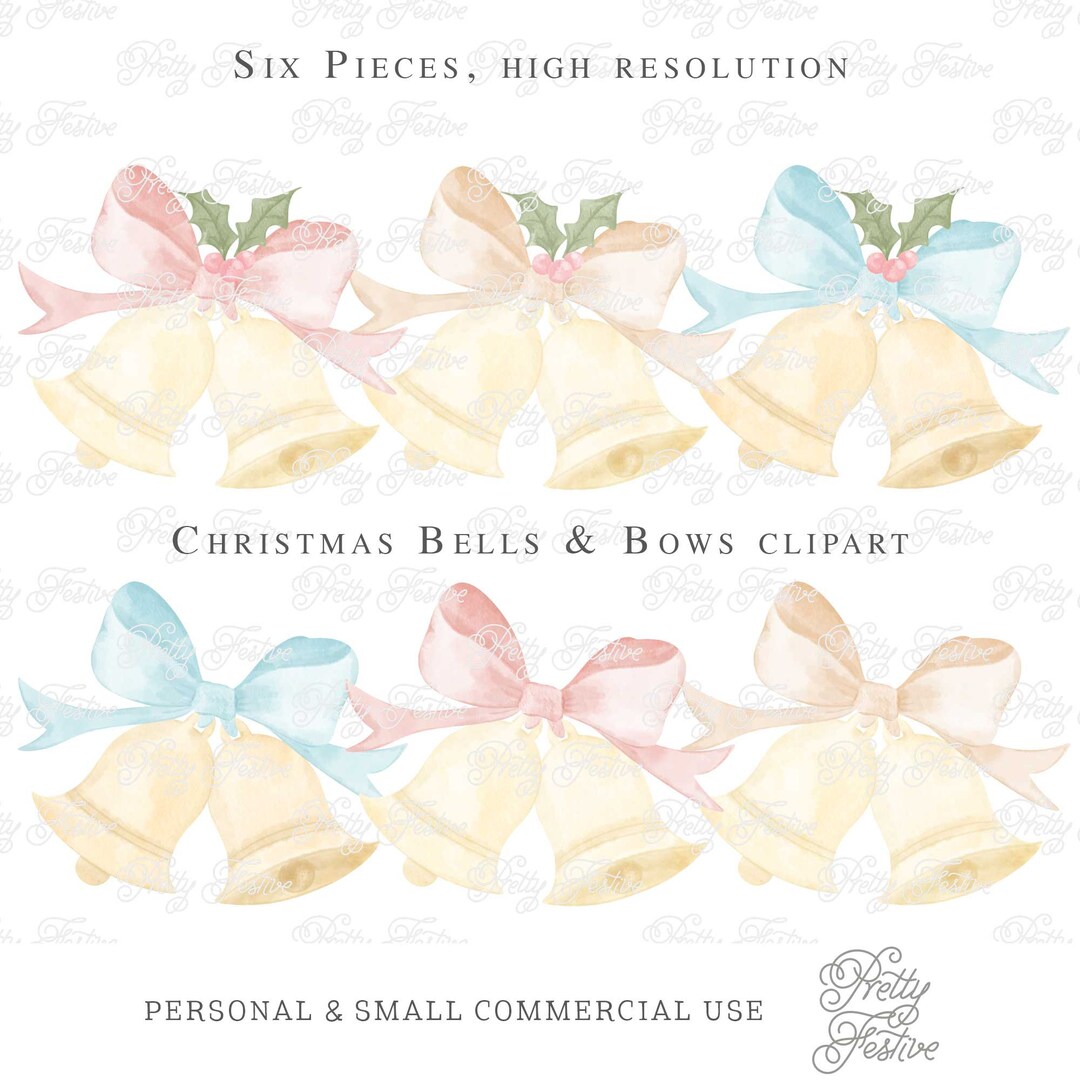 Neutral Pastel Set of 6 Christmas Bells & Bow Clipart Graphics, Pink ...