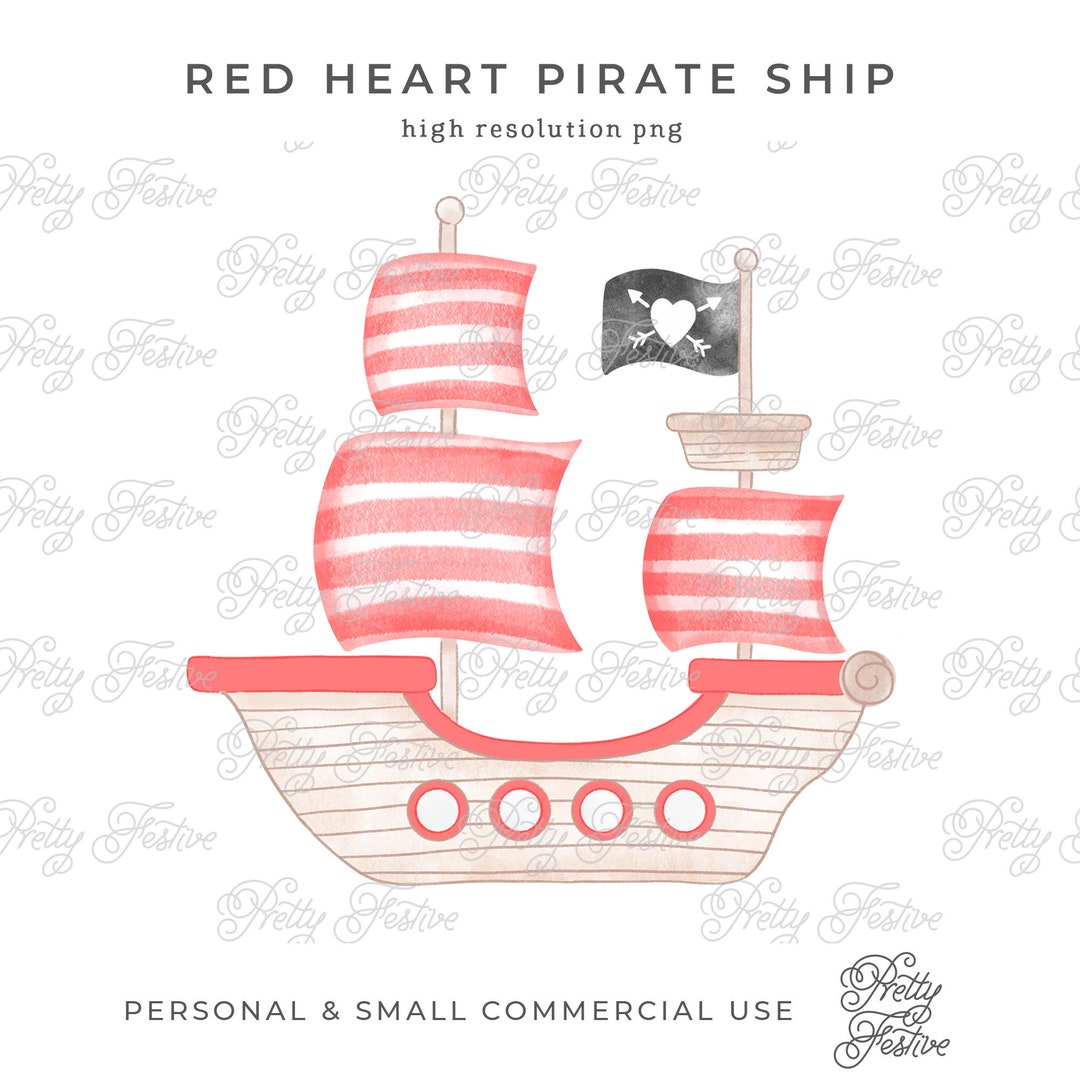 Preppy Red Valentine Pirate Ship Clipart, Cute Pirate Illustration ...