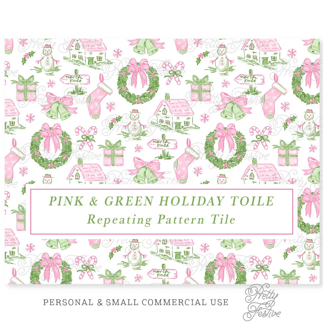 Pink & Green Christmas Toile Seamless Repeating Pattern, Preppy ...