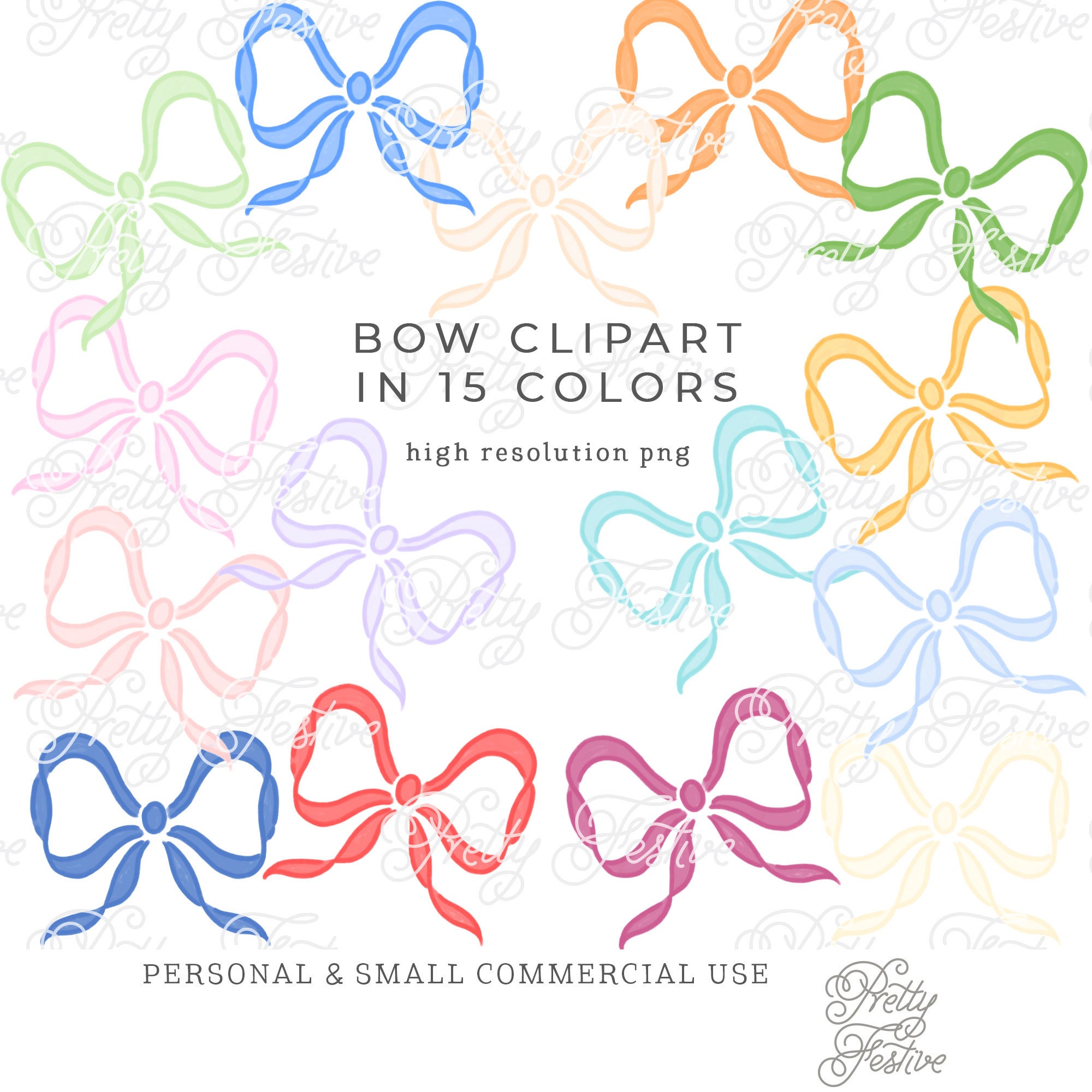 Ribbon Bow Clipart, Watercolor Bow Png Design, 15 Colors, Clipart Bows ...