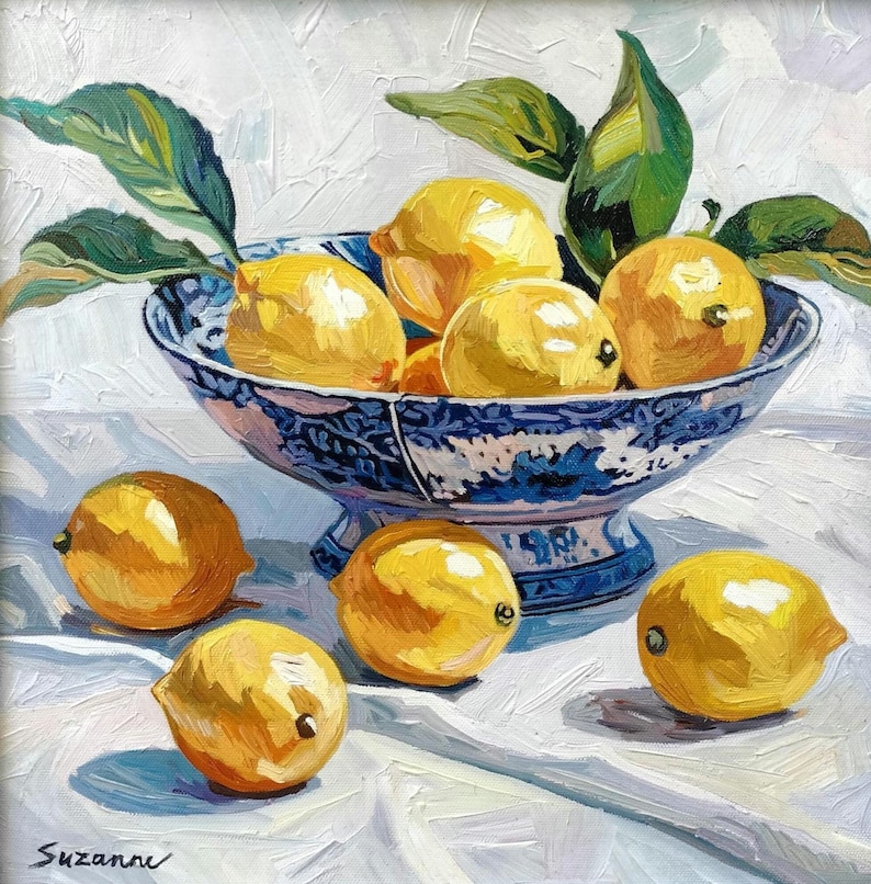 Lemons in Blue Porcelain Bowl - Etsy