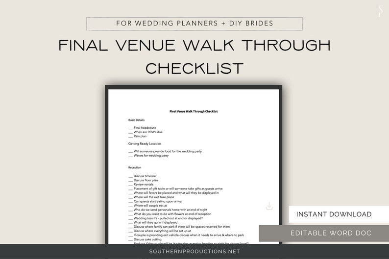 Final Venue Walk Through Checklist for Wedding Planners and DIY Brides, Digital Download - Etsy