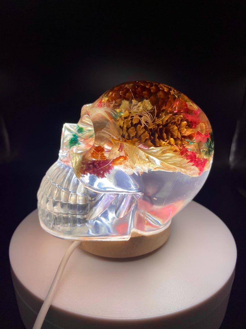 Skull Lamp, Real Flowers, Gothic, Gift, Present Skull Night Light ...