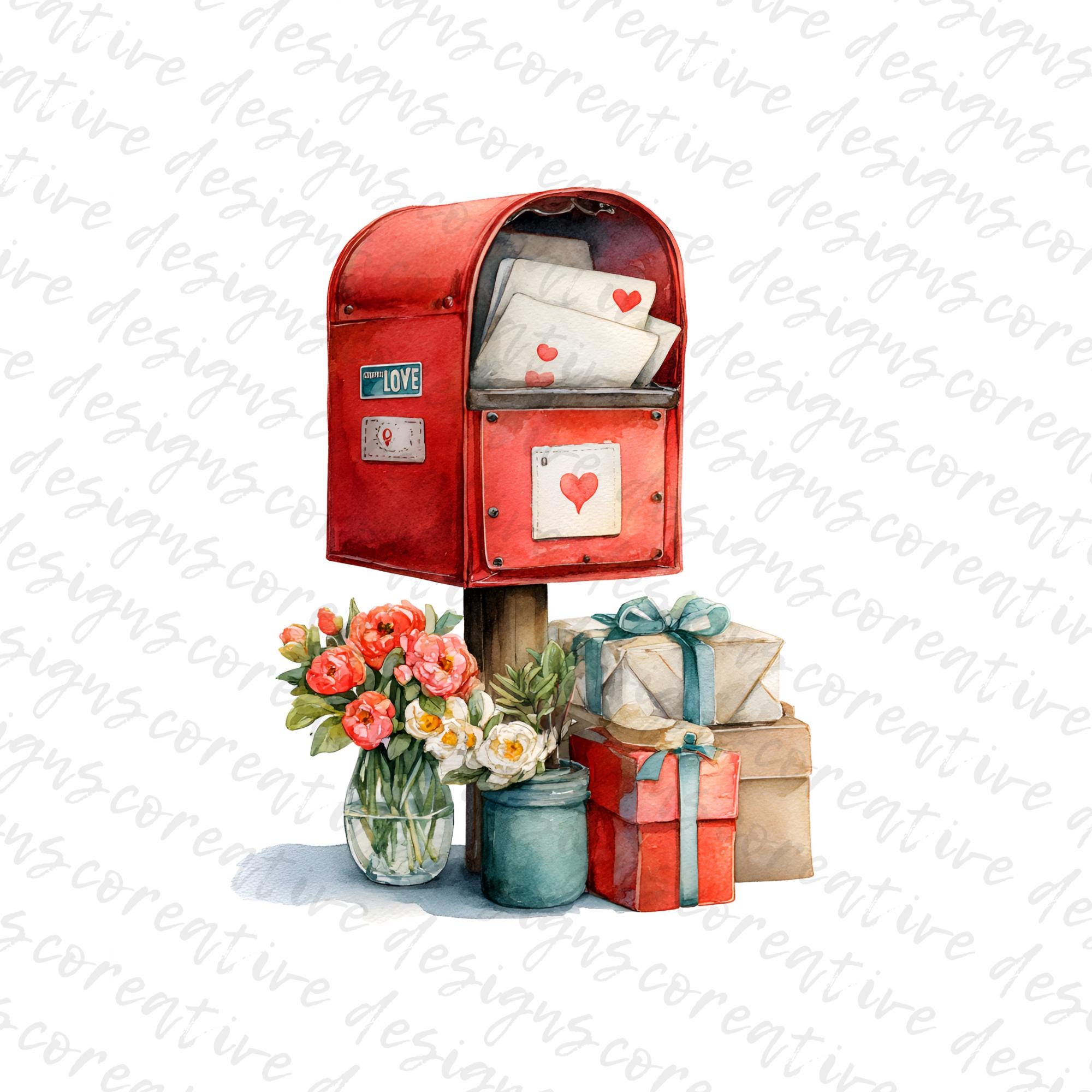 Valentine Mailbox Clipart Watercolor – Love Letters & Flowers, Romantic ...