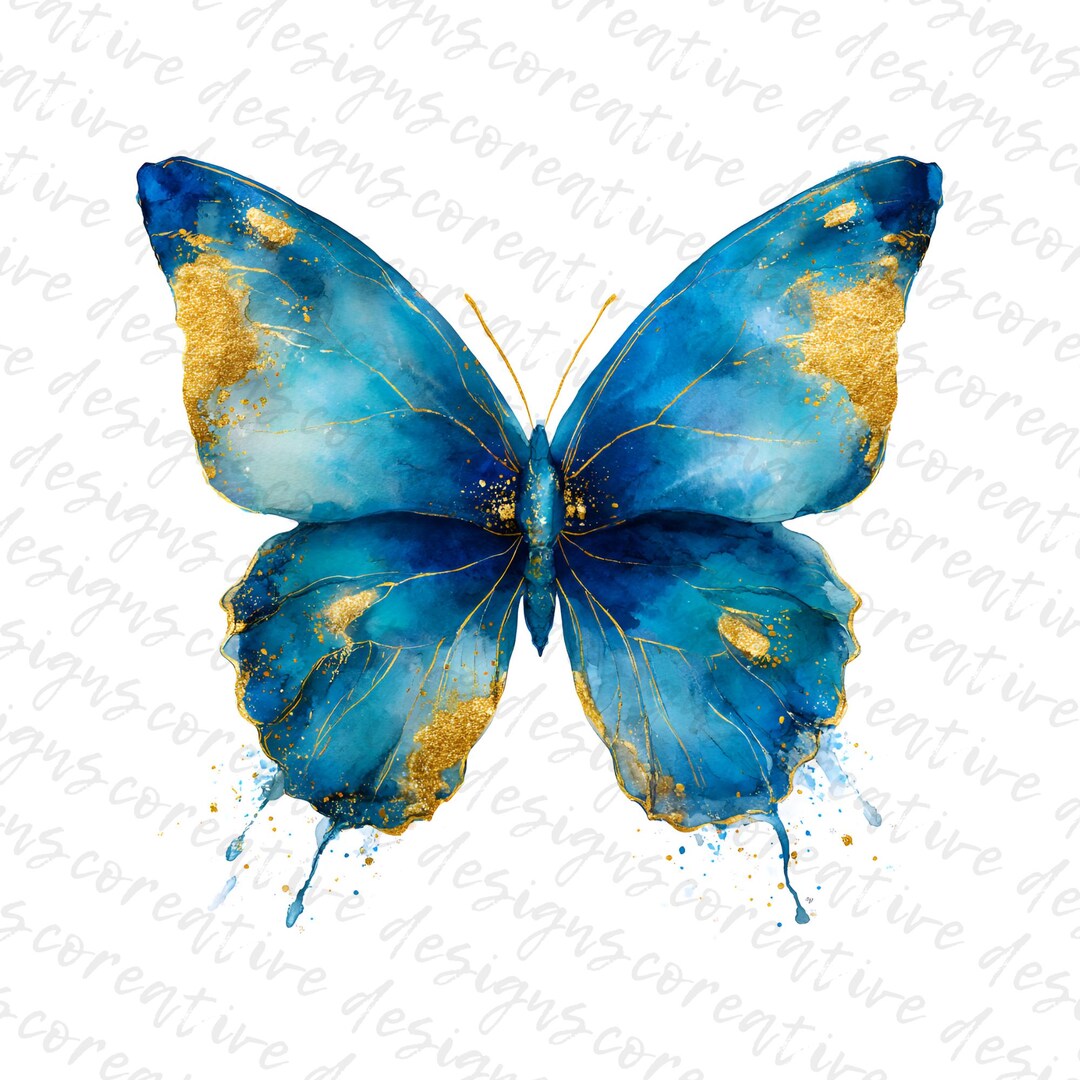 Blue Gold Butterfly Watercolor Clipart – Elegant JPG (digital Download ...