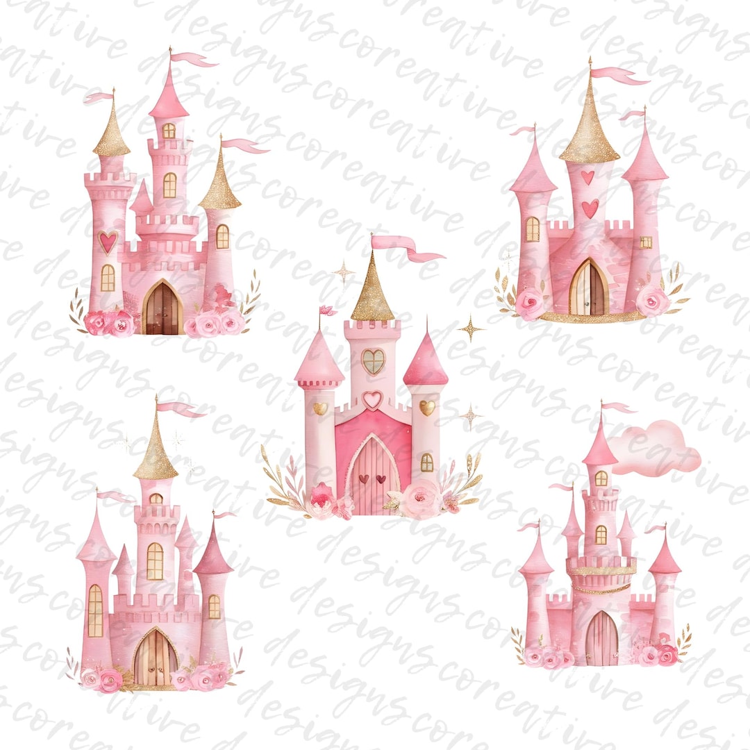 Watercolor Princess Castle Clipart: Pink Fantasy Illustrations (digital ...