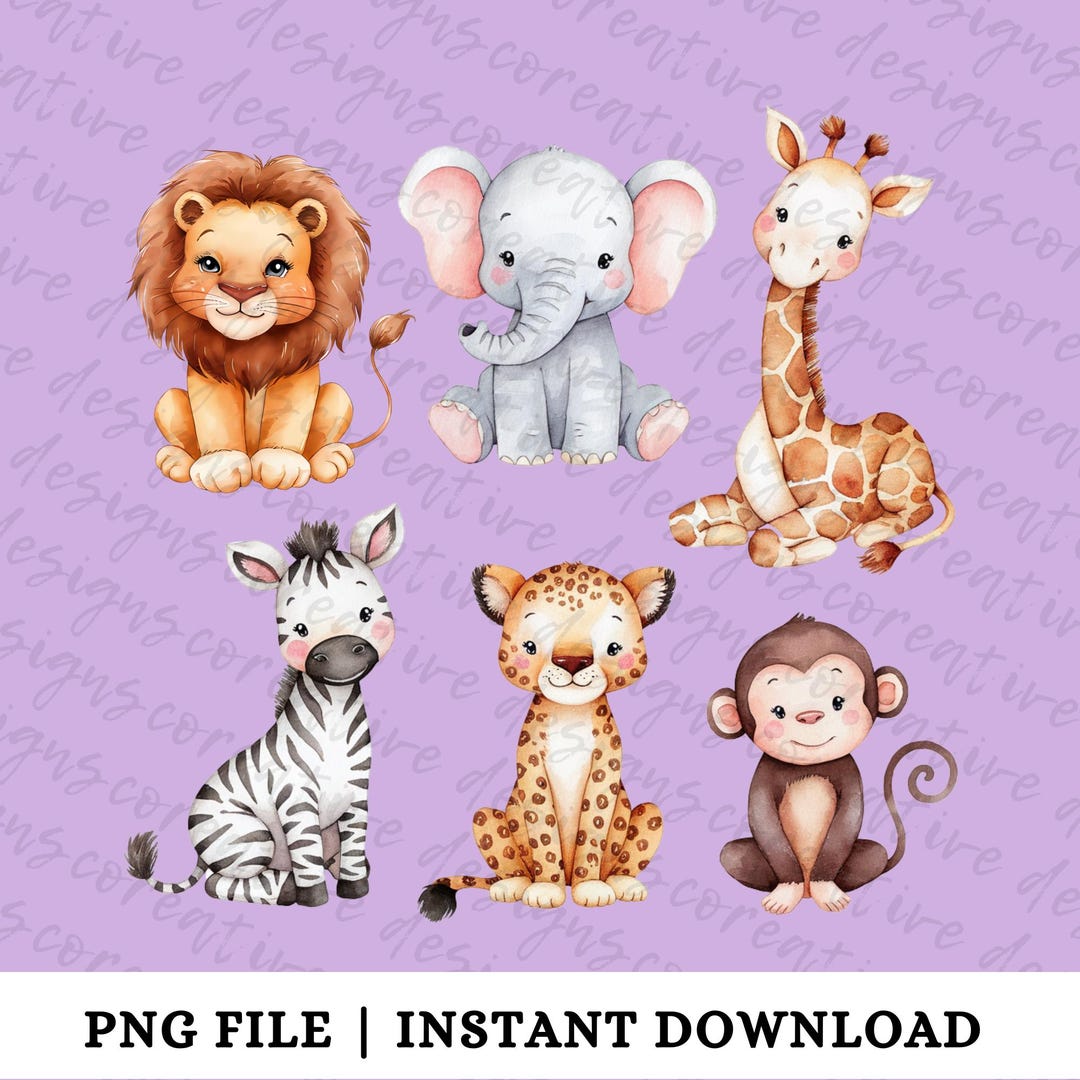 6 Watercolor Cute Safari Animal Clipart, Jungle Animals Clipart, Animal ...