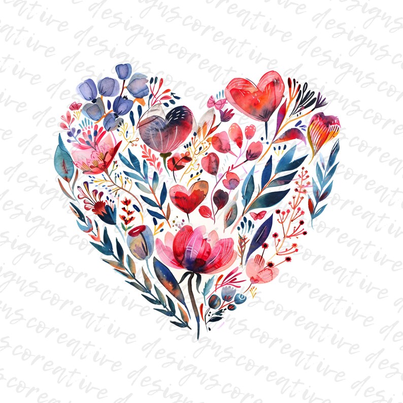 Watercolor Floral Heart Clipart - Romantic Valentine's Day JPG (digital ...