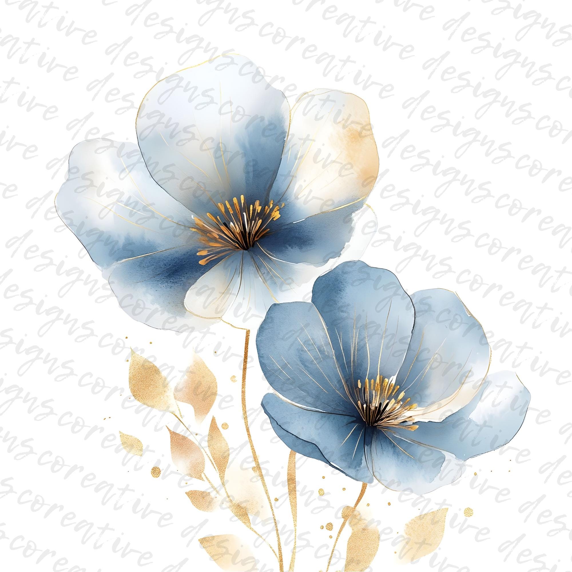 Powder Blue Watercolor Flowers Clipart: Abstract Floral Art (digital ...