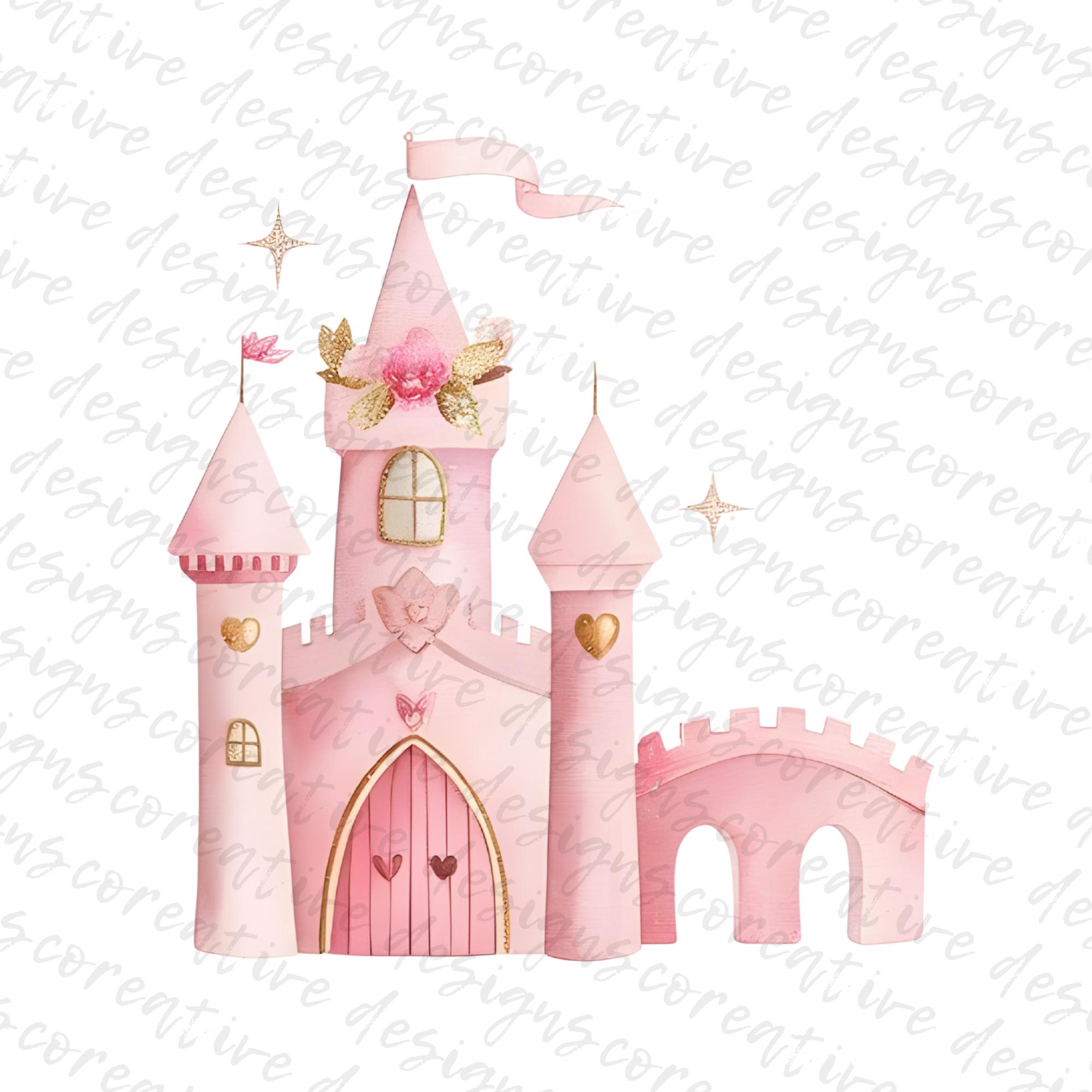 Watercolor Princess Castle Clipart: Pink Fantasy Illustrations (digital ...