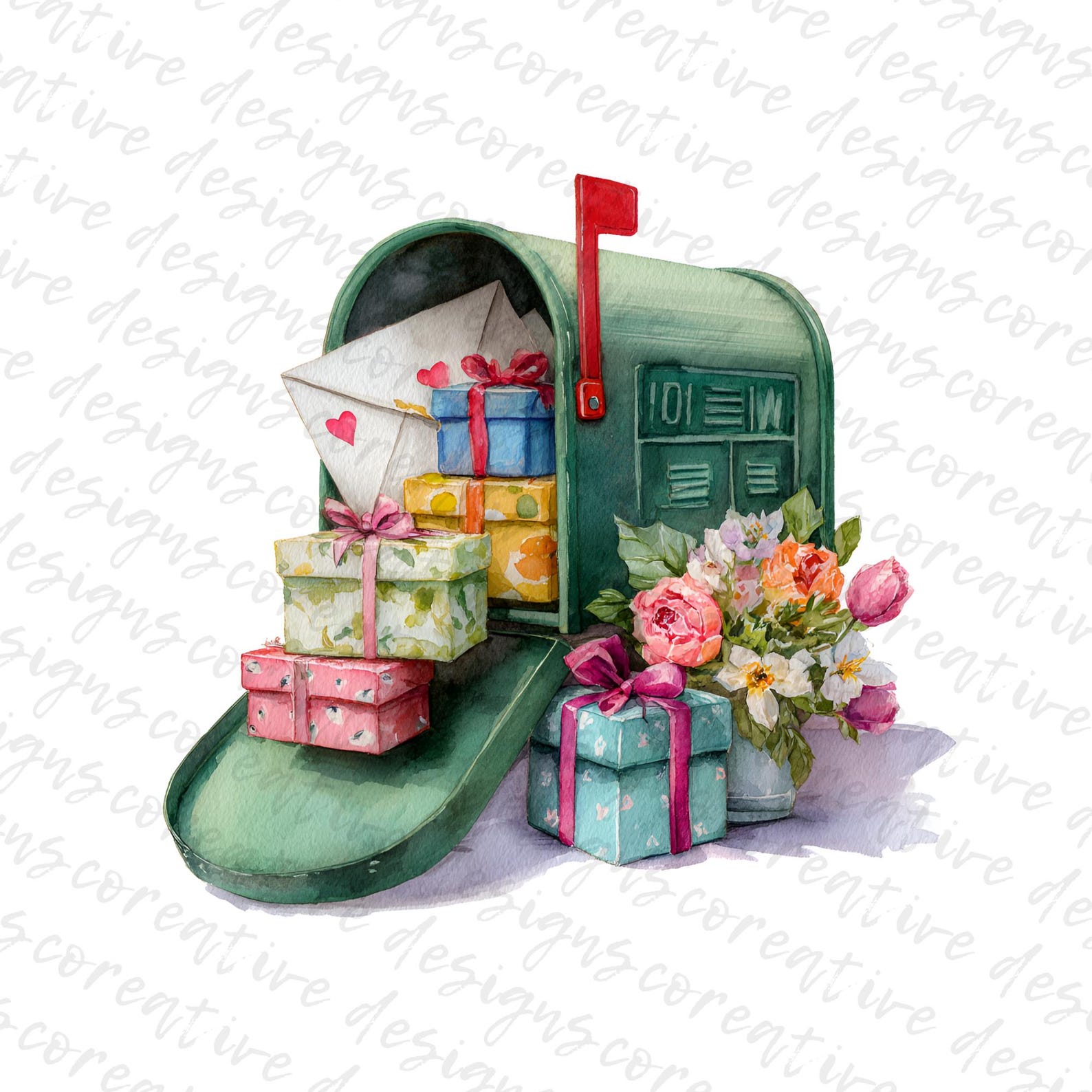 Valentine Mailbox Clipart Watercolor – Love Letters & Flowers, Romantic ...