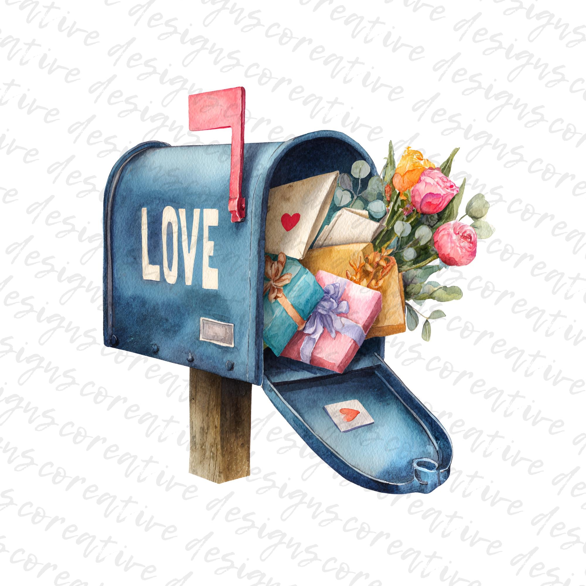 Valentine Mailbox Clipart Watercolor – Love Letters & Flowers, Romantic ...