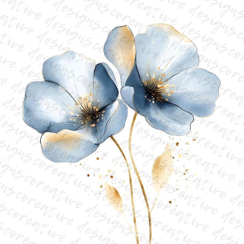 Powder Blue Watercolor Flowers Clipart: Abstract Floral Art (digital ...
