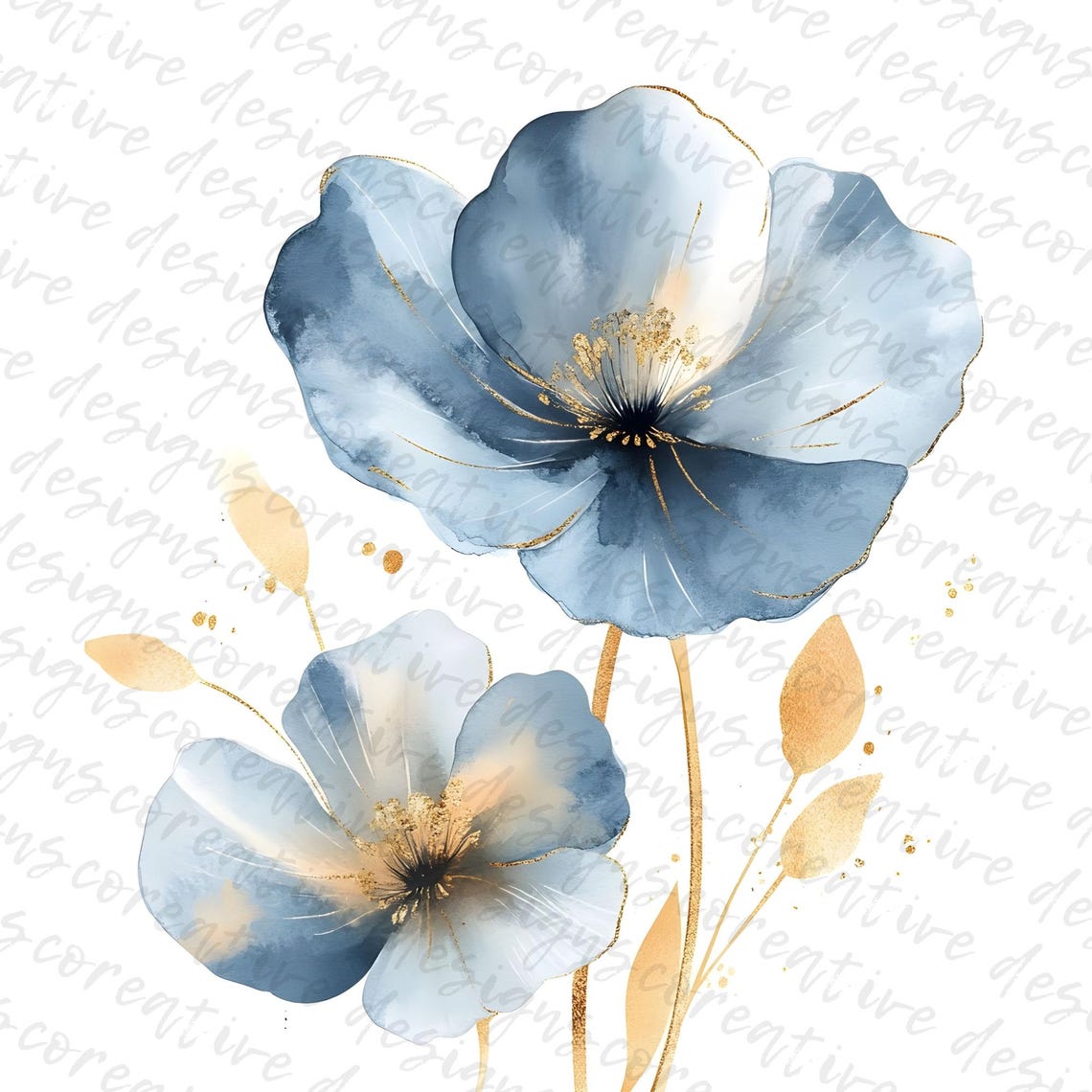 Powder Blue Watercolor Flowers Clipart: Abstract Floral Art (digital ...