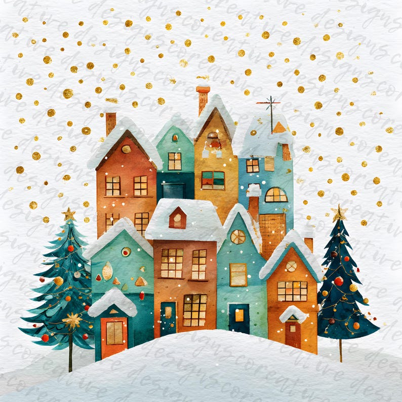 Watercolor Christmas Village Clipart: Whimsical Holiday Illustrations ...