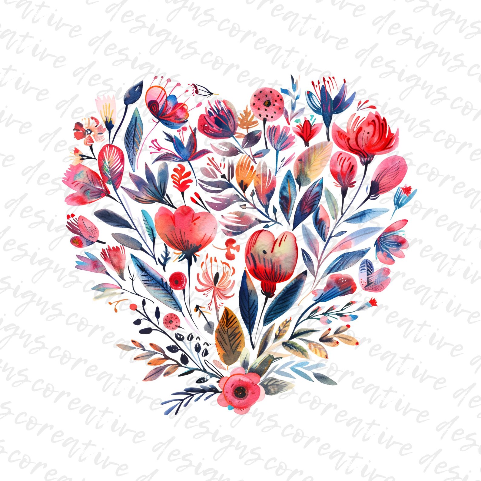 Watercolor Floral Heart Clipart - Romantic Valentine's Day JPG (digital ...
