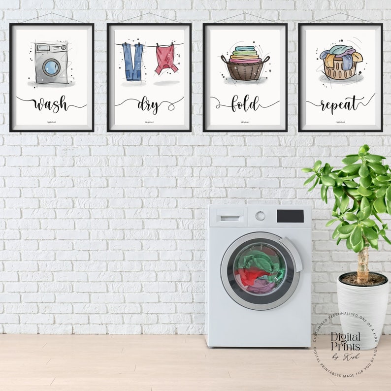 LAUNDRY SET of 4 Artwork | Wash | Dry | Fold | Repeat | Wall Art | Home ...