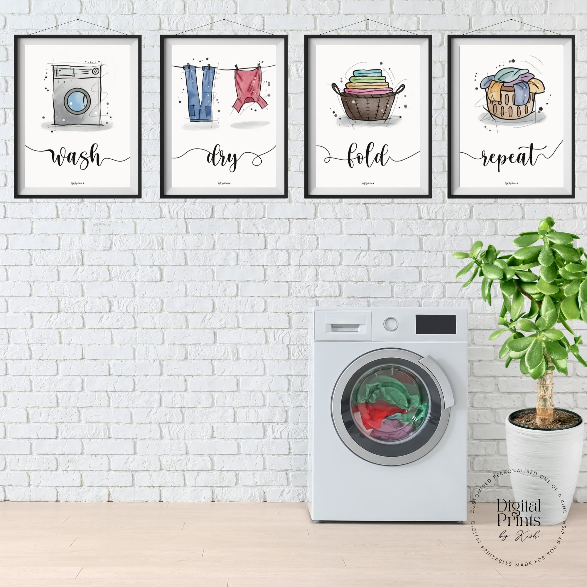 LAUNDRY SET of 4 Artwork | Wash | Dry | Fold | Repeat | Wall Art | Home ...