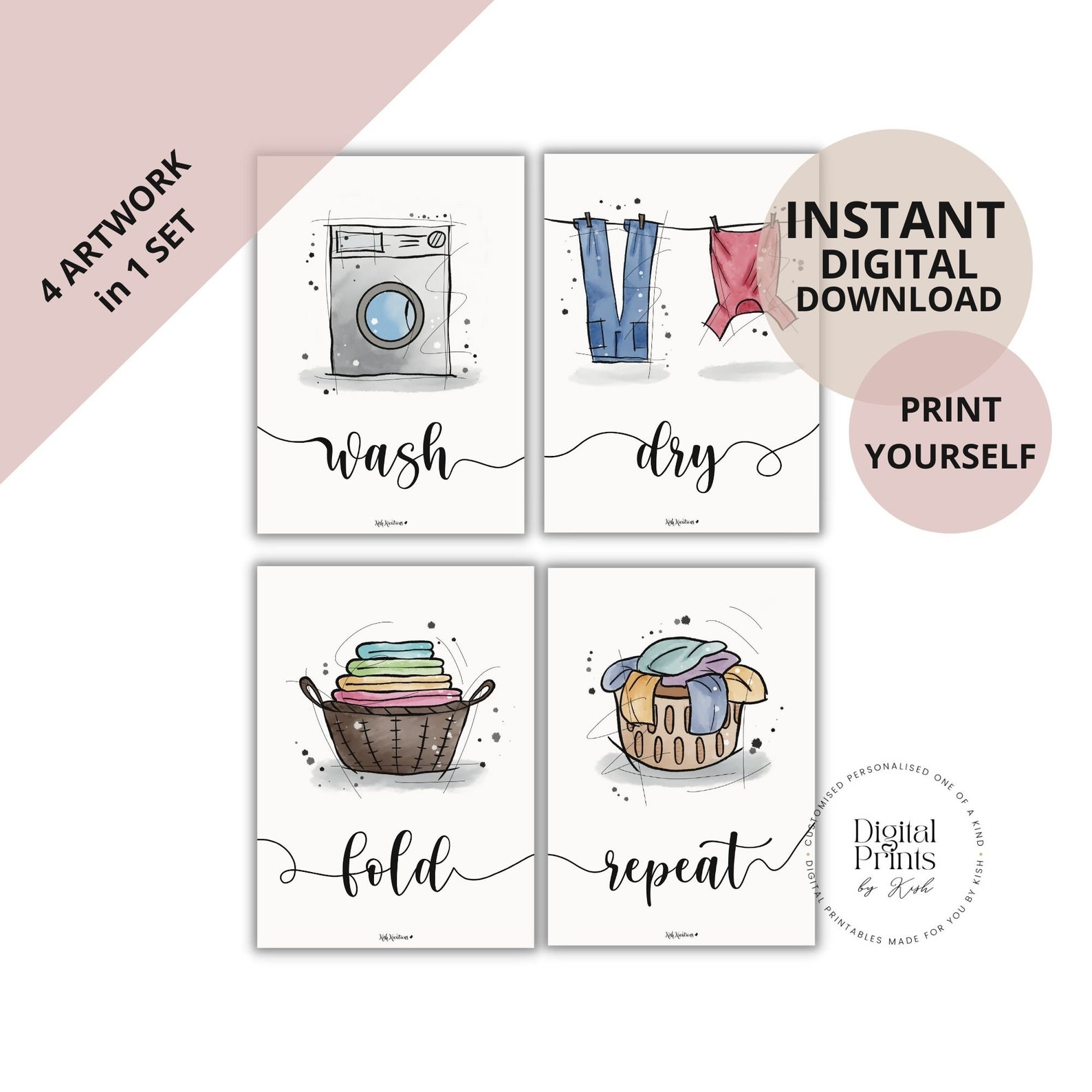 LAUNDRY SET of 4 Artwork | Wash | Dry | Fold | Repeat | Wall Art | Home ...