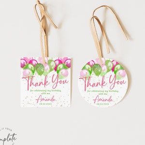 EDITABLE Pink and Green Favor Tags Balloons Birthday Thank You Tags ...