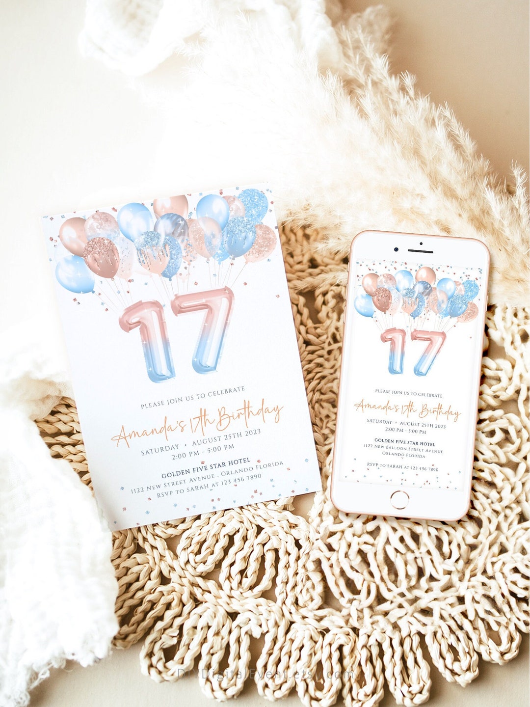 Editable 17th Birthday Invitation Template Rose Gold Blue Balloons 17th ...