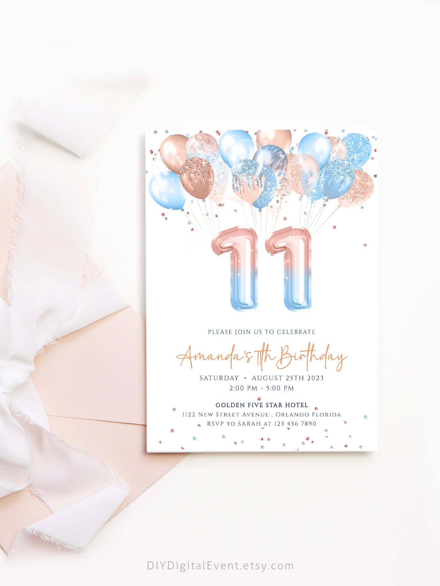 Editable 11th Birthday Invitation Template Rose Gold Blue Balloons 11th ...