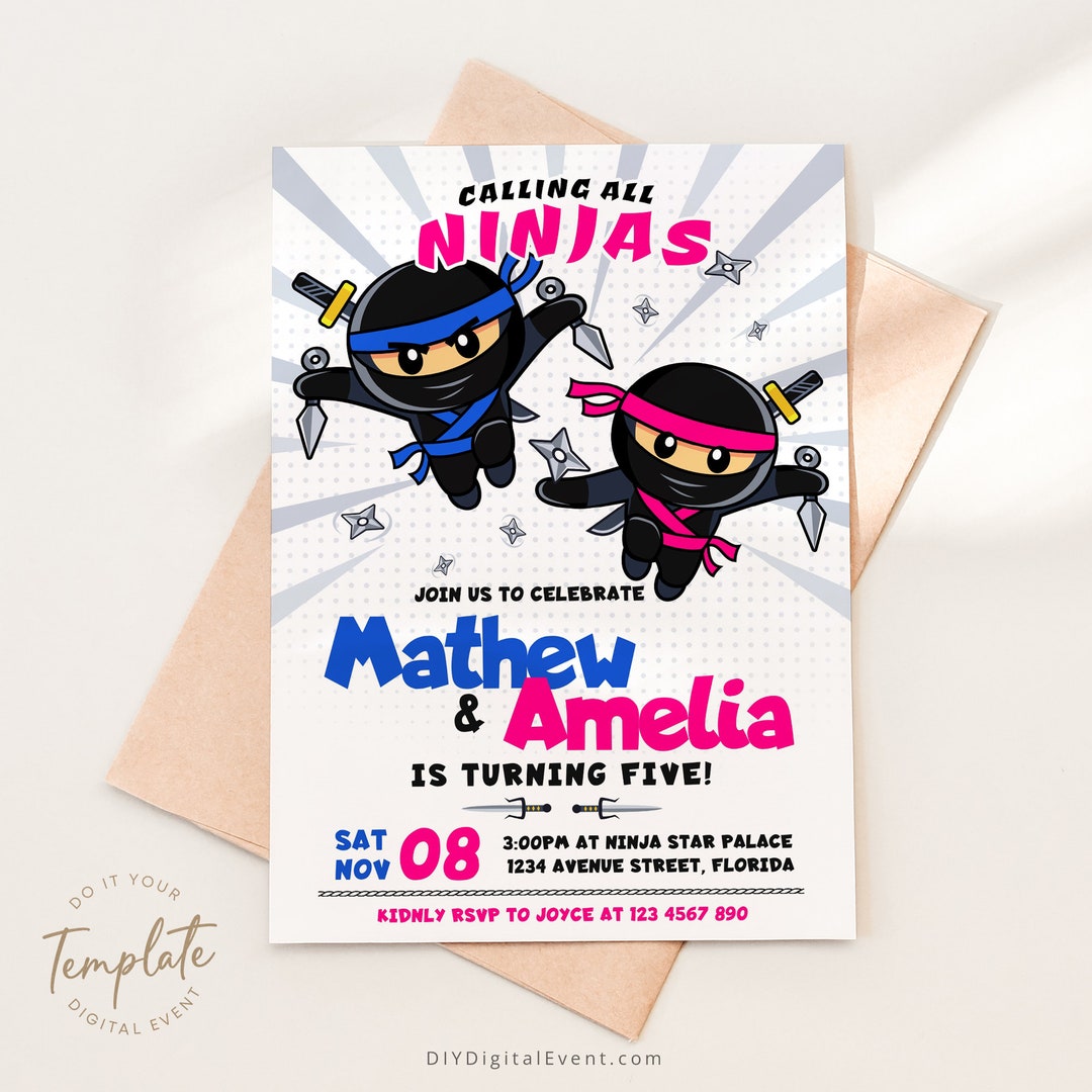 Editable Twin Ninja Birthday Invitation Template Printable Ninja ...