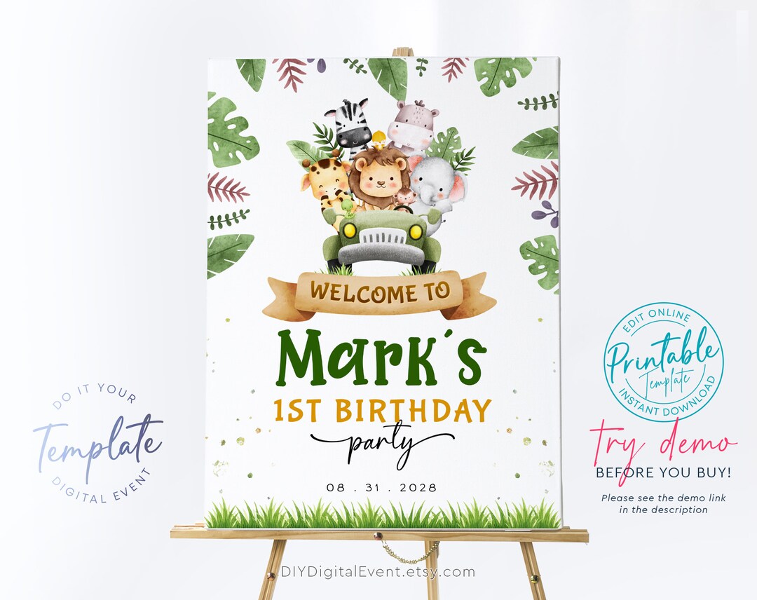 Wild One Welcome Sign, Editable Safari Animals Welcome Sign Template ...
