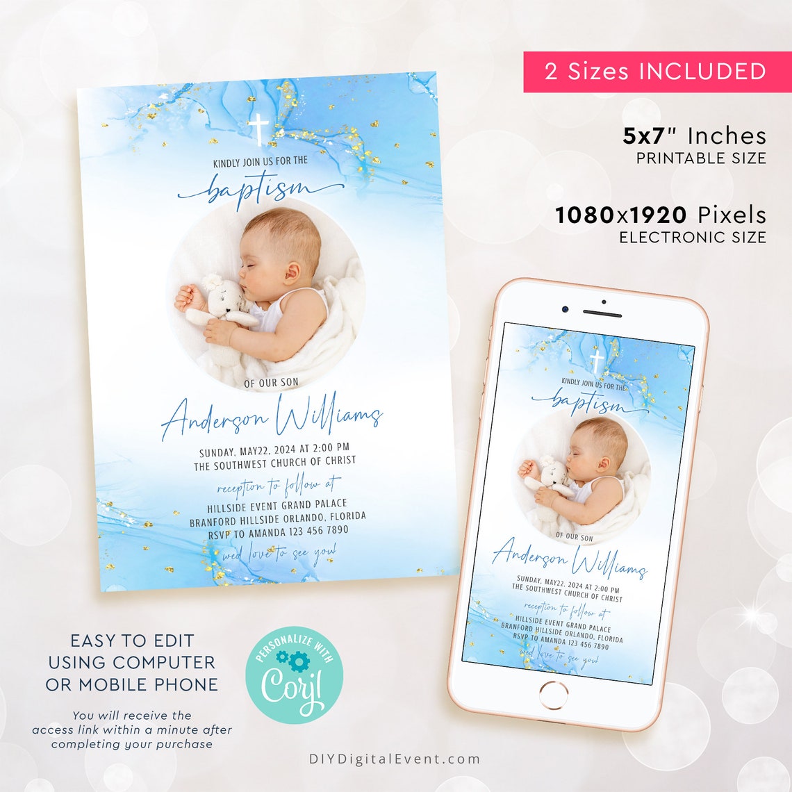 Editable Baptism Invitation Template Light Blue Christening Invitation ...