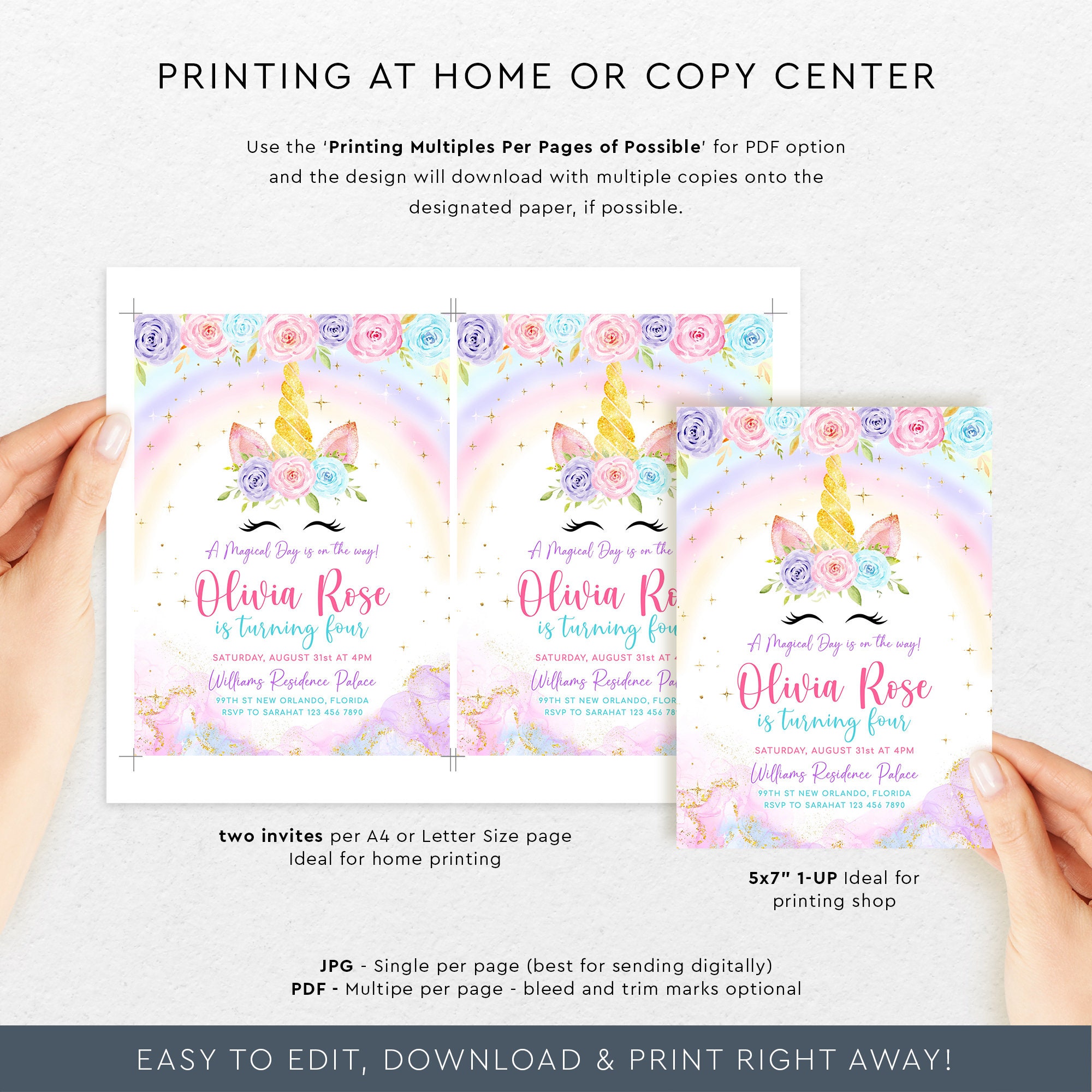 Editable Unicorn Birthday Invitation Template Magical Rainbow Unicorn ...