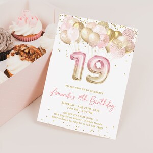 Editable 19th Birthday Invitation Template Gold Pink Glittery Balloons ...