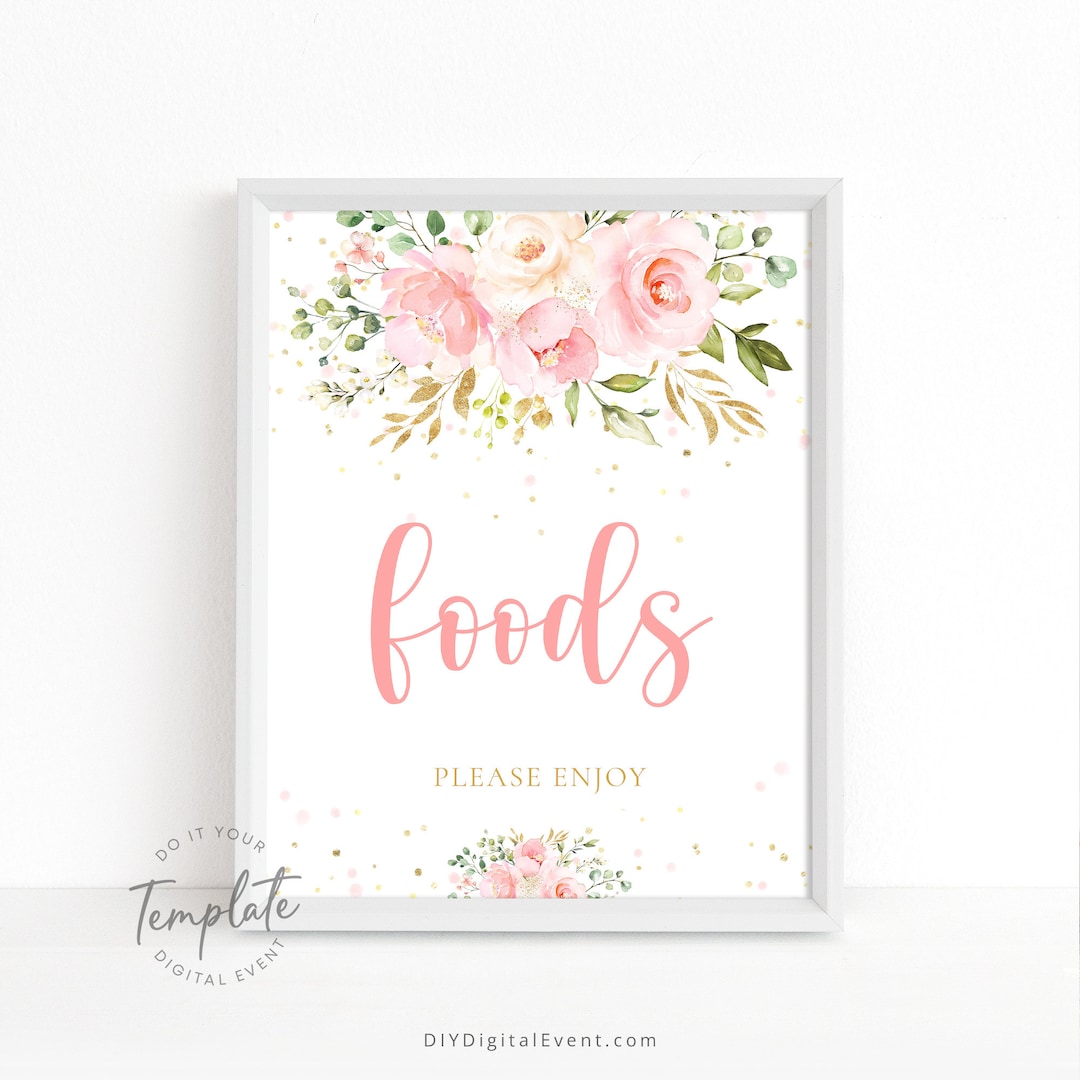 Foods Sign Blush Pink Floral Foods Sign Printable Baby Shower Favors ...