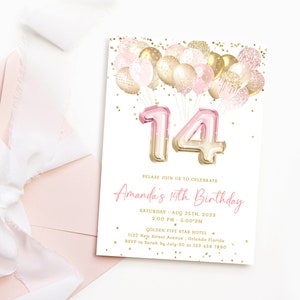 Editable 14th Birthday Invitation Template Gold Pink Glittery Balloons ...