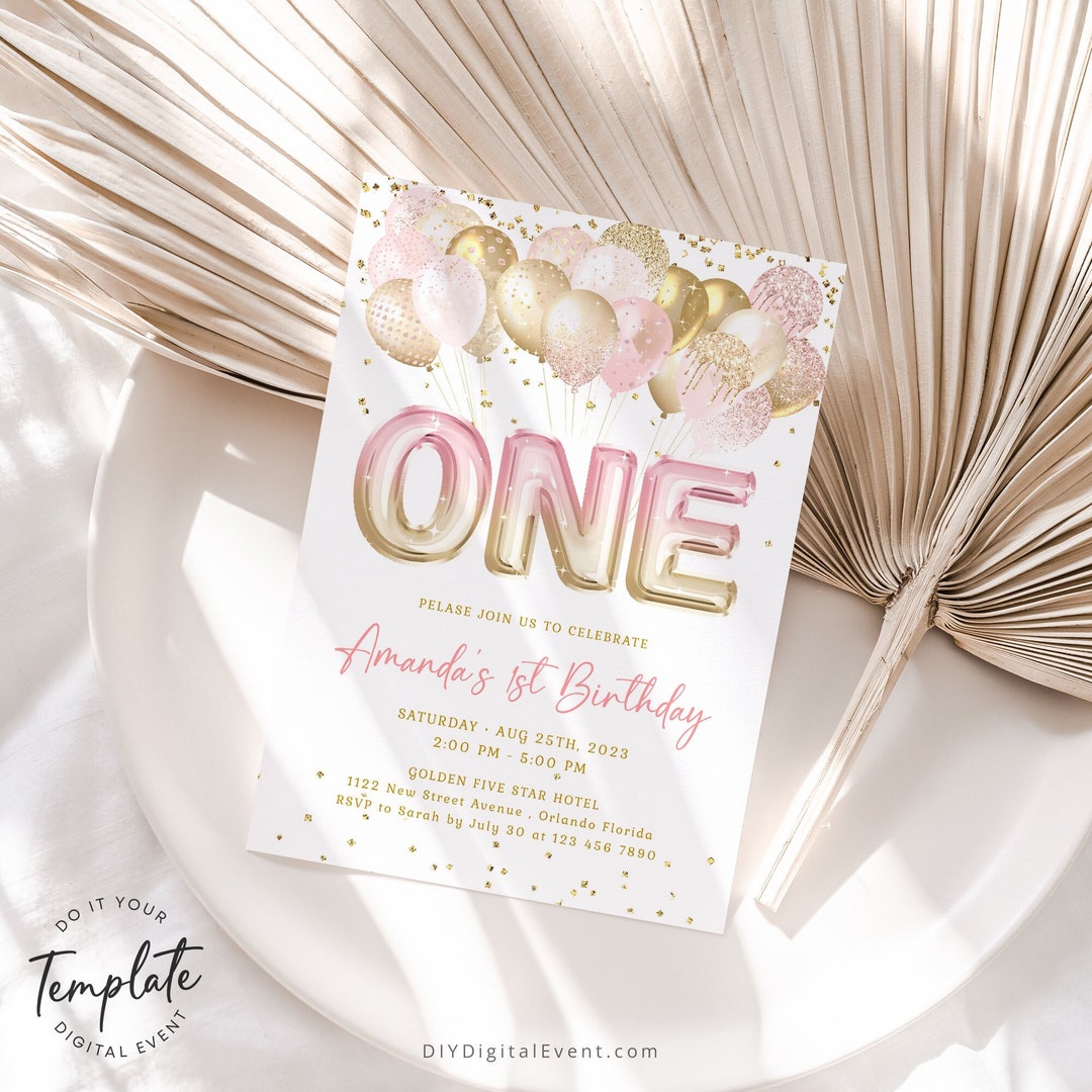 Editable 1st Birthday Invitation Template Gold Pink Glittery Balloons ...
