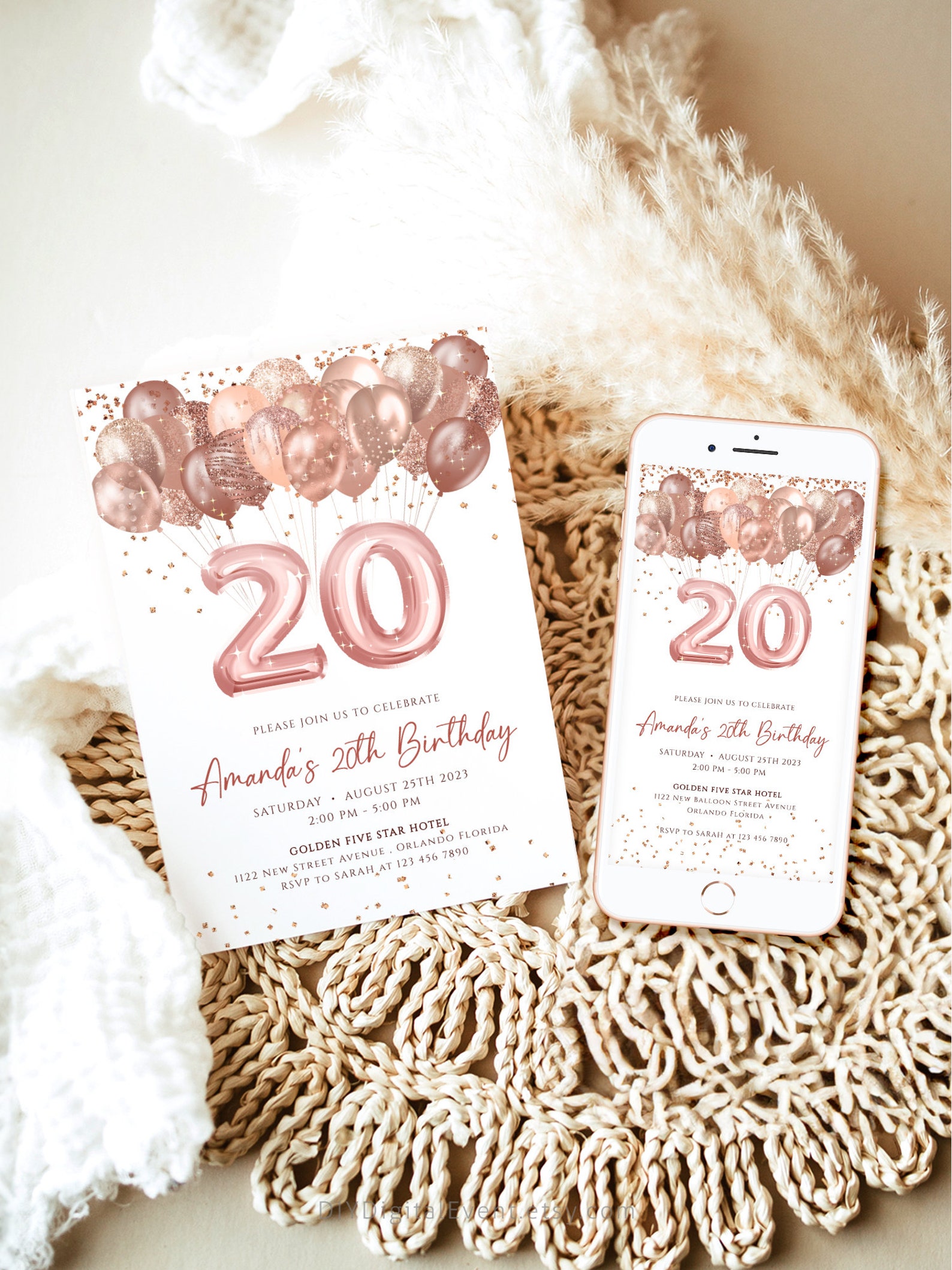 Rose Gold 20th Birthday Invitation Template Editable Twenty Birthday ...