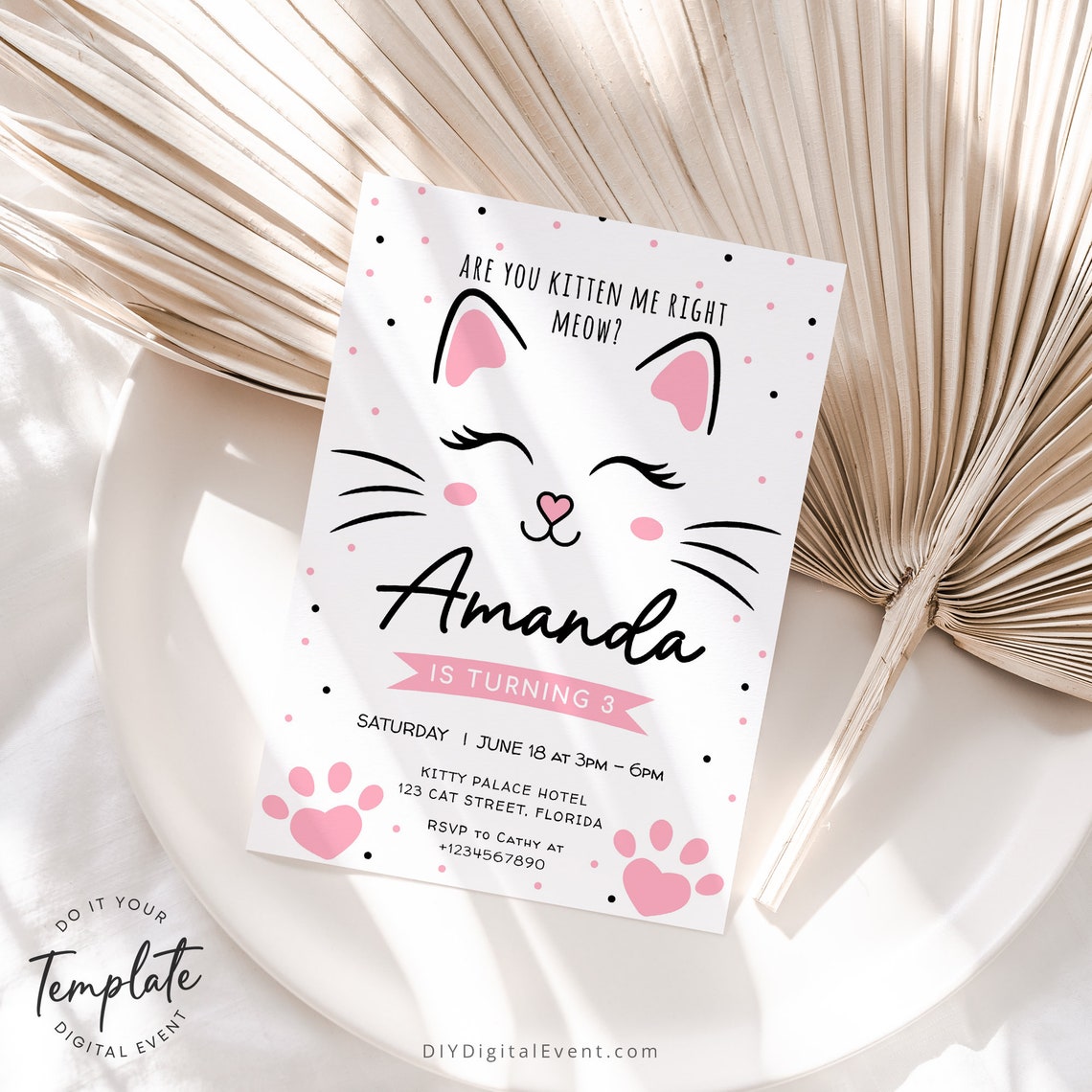 Kitty Cat Birthday Invitation Template Editable Kitten Birthday Party ...