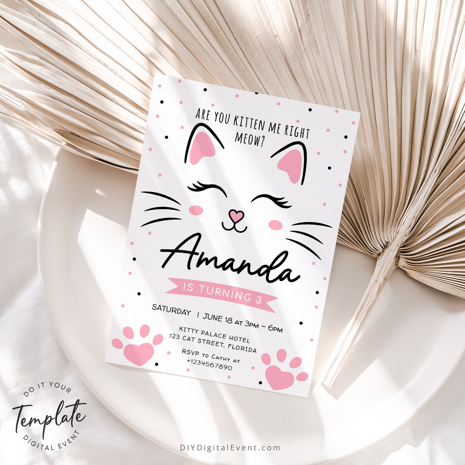 Kitty Cat Birthday Invitation Template Editable Kitten Birthday Party ...