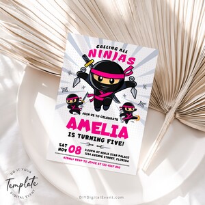 Editable Pink Ninja Birthday Invitation Template Printable Ninja ...