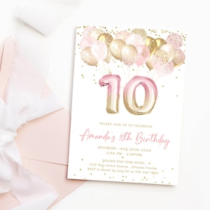 Editable 10th Birthday Invitation Template Gold Pink Glittery Balloons ...