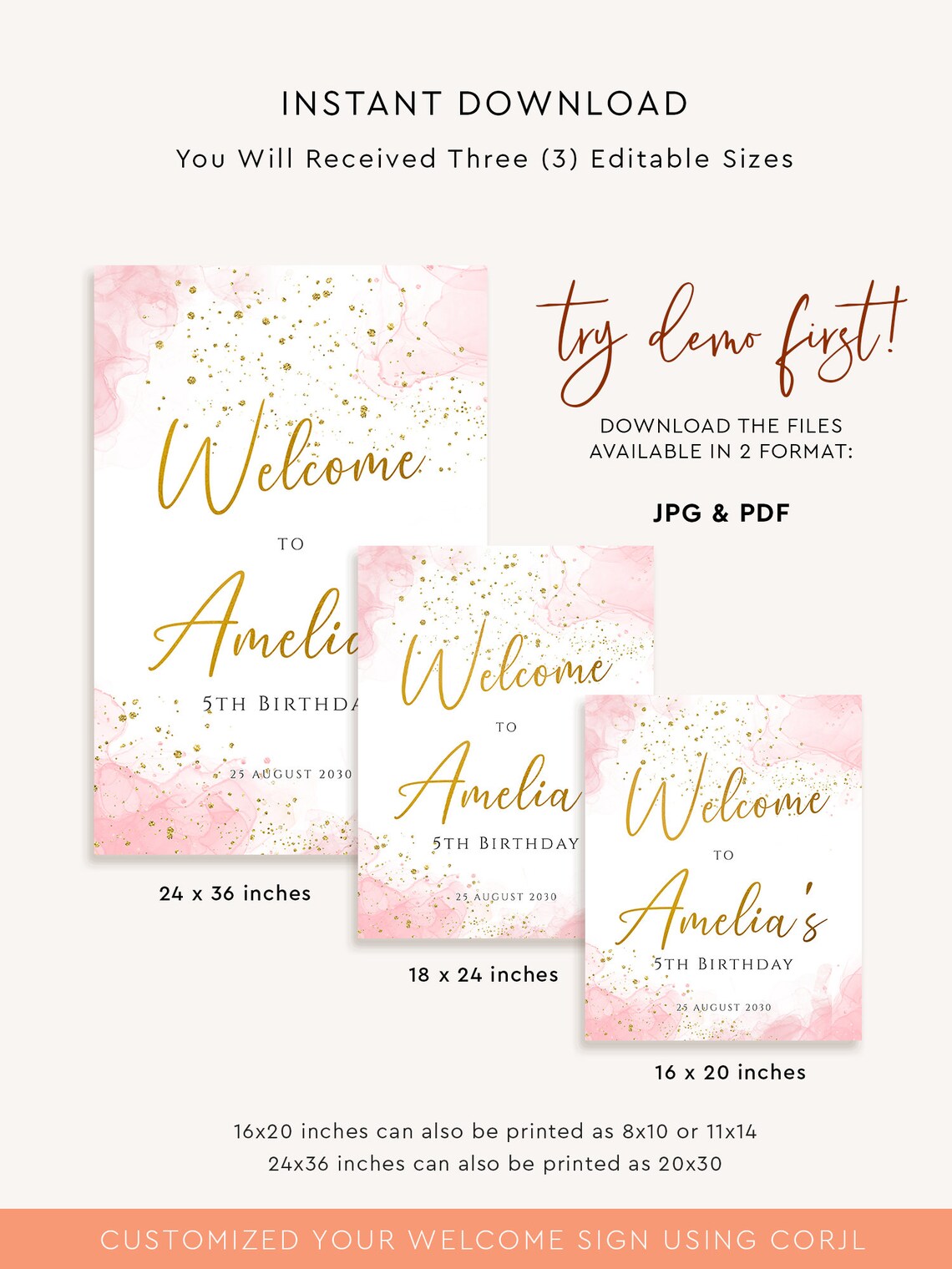 Blush Pink Welcome Sign Template Editable Blush Pink Gold Birthday ...