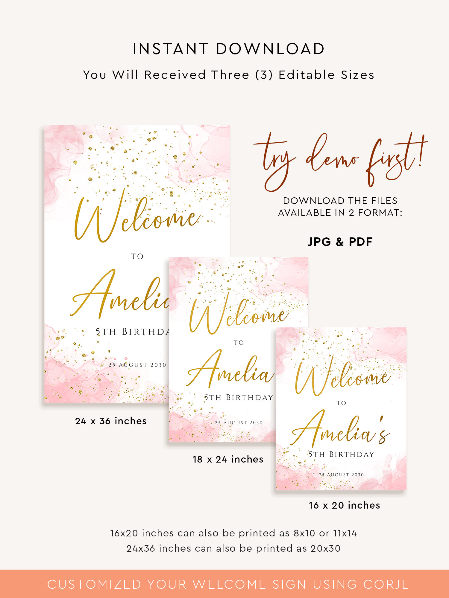 Blush Pink Welcome Sign Template Editable Blush Pink Gold Birthday ...