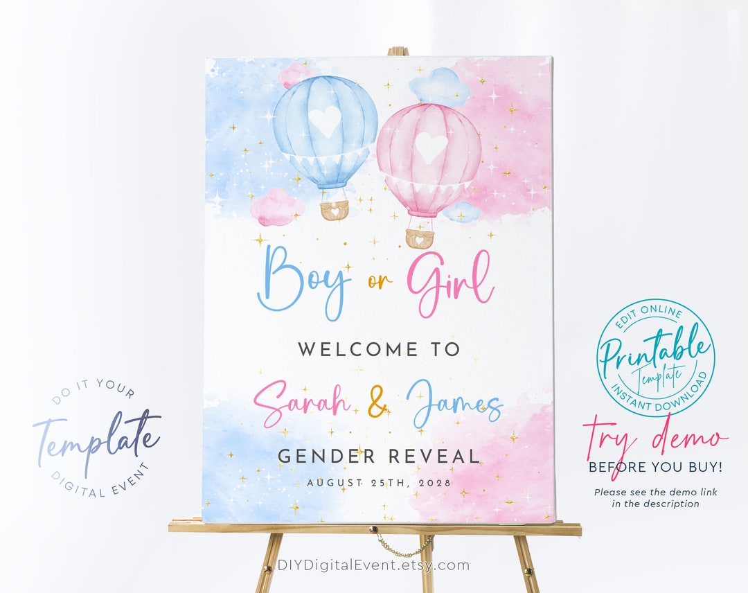Gender Reveal Welcome Sign Editable Hot Air Balloon Gender Reveal Sign ...